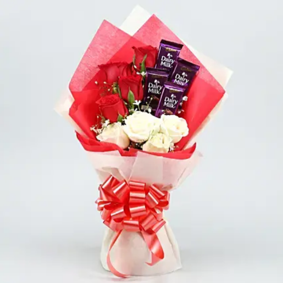 Roses Bouquet With Dairy Milk Choco|Flowers with Chocolates delivery ...
